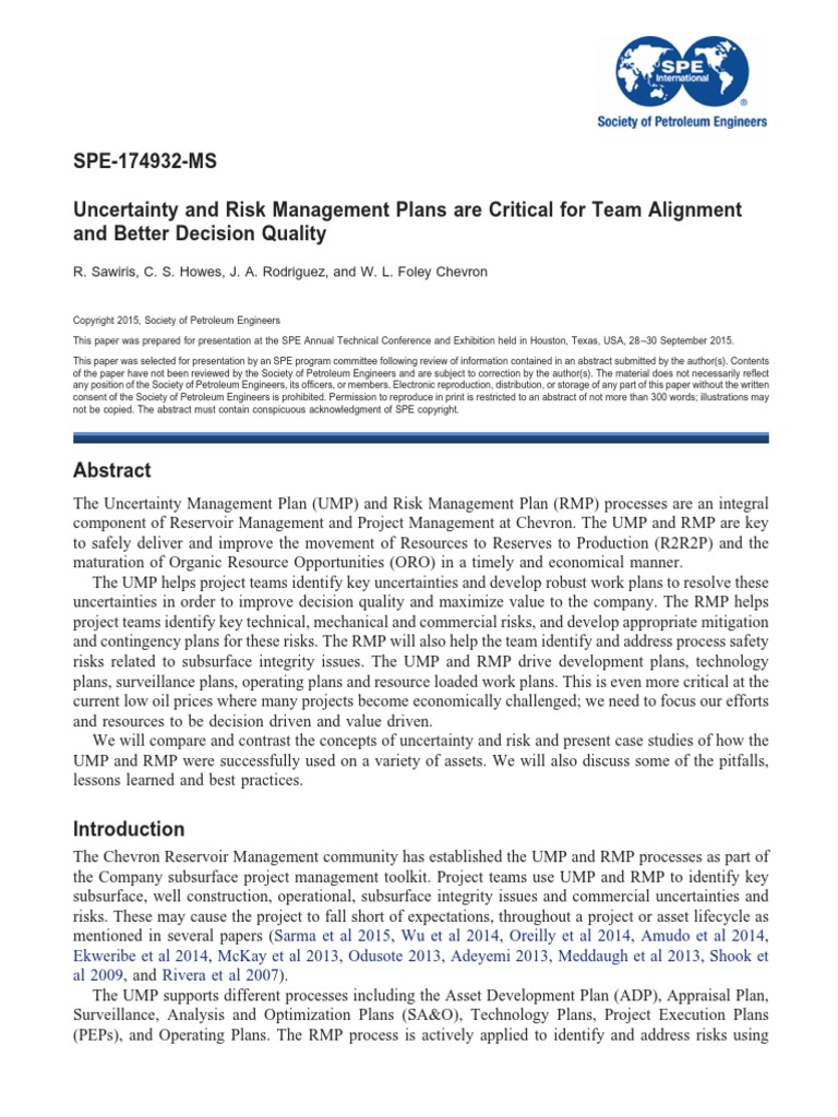 SPE-174932-MS Risk and Uncertainty Plans | PDF | Uncertainty | Risk