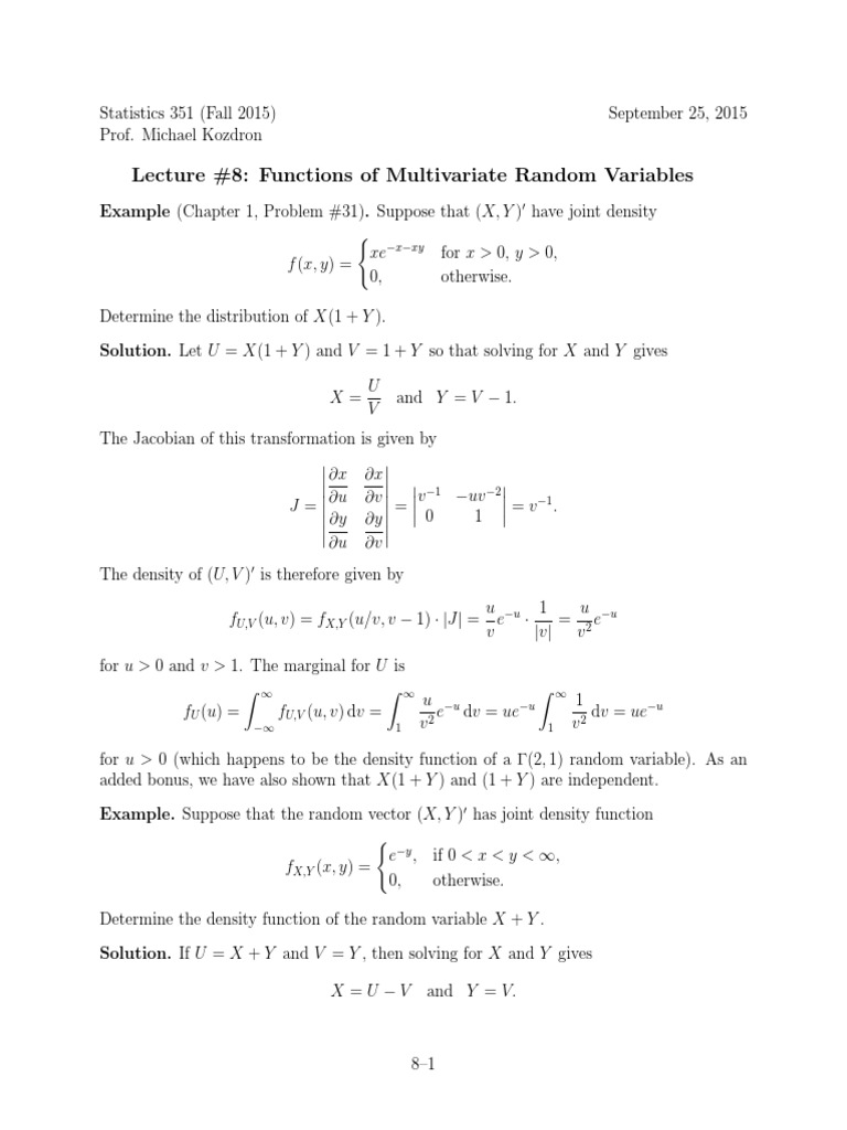Lecture #8: Functions of Multivariate Random Variables | PDF