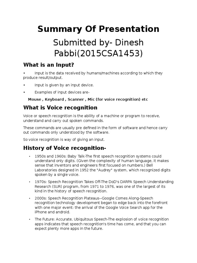 Summary of Presentation | PDF | Speech Recognition | Areas Of Computer ...