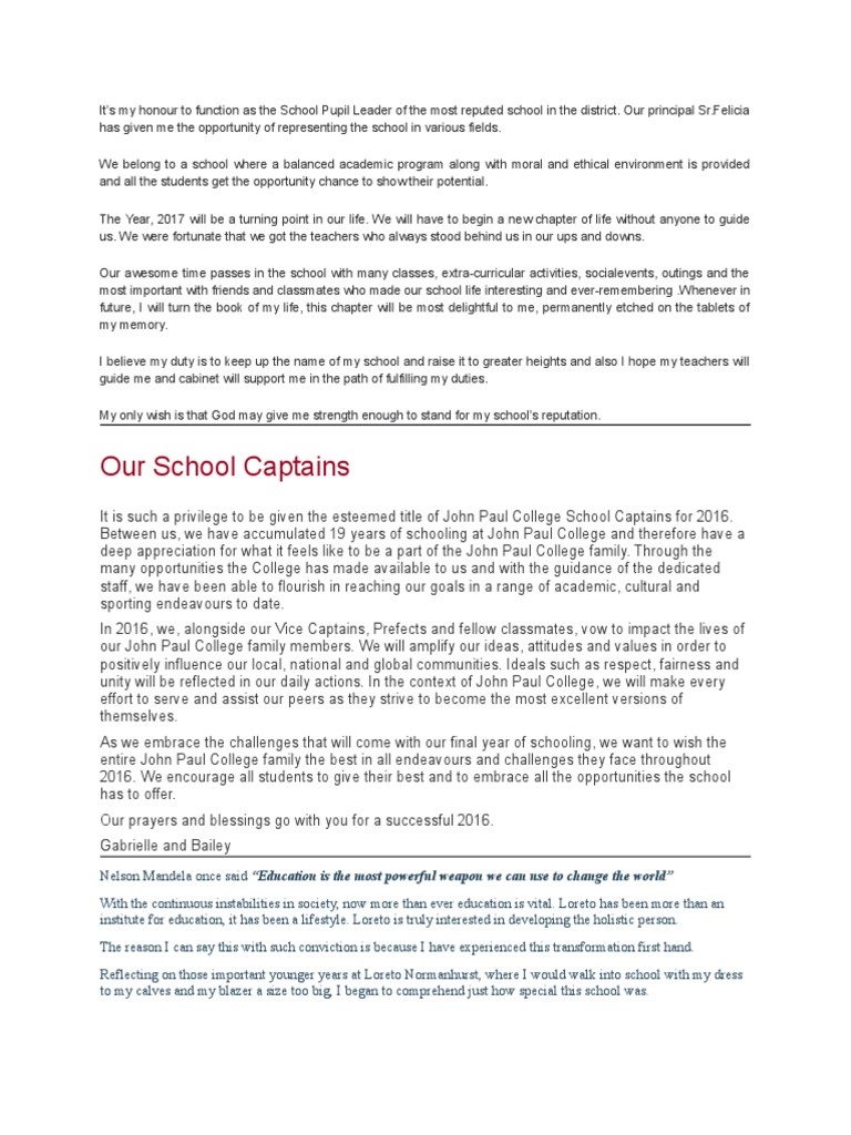 School Captain's Message | PDF | Motivation | Motivational