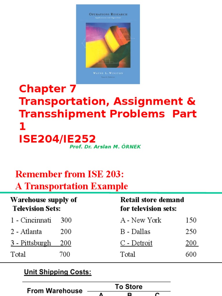 Transportation, Assignment & Transshipment Problems Part 1 ISE204/IE252 ...