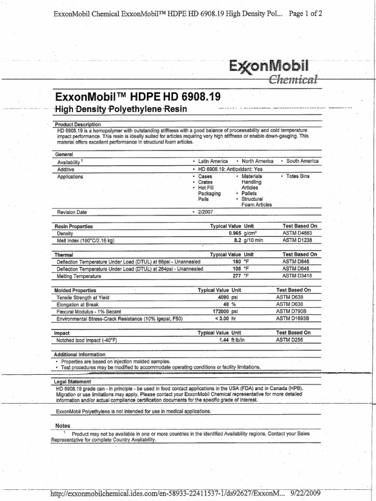 Exxon Hdpe HD 6908.19 | PDF