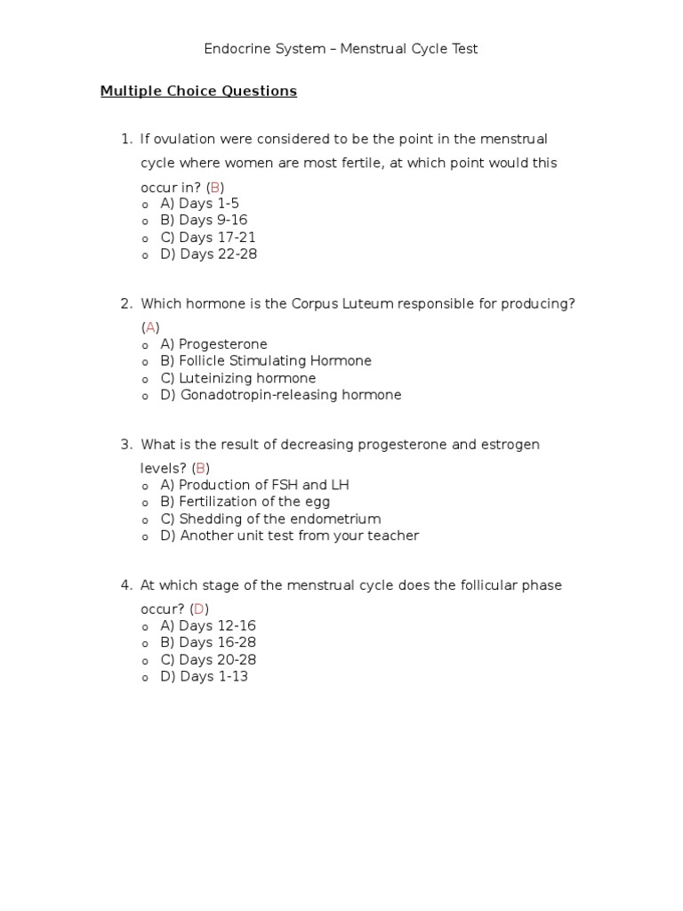 Menstrual Cycle MCQ Test | PDF | Menstrual Cycle | Luteinizing Hormone