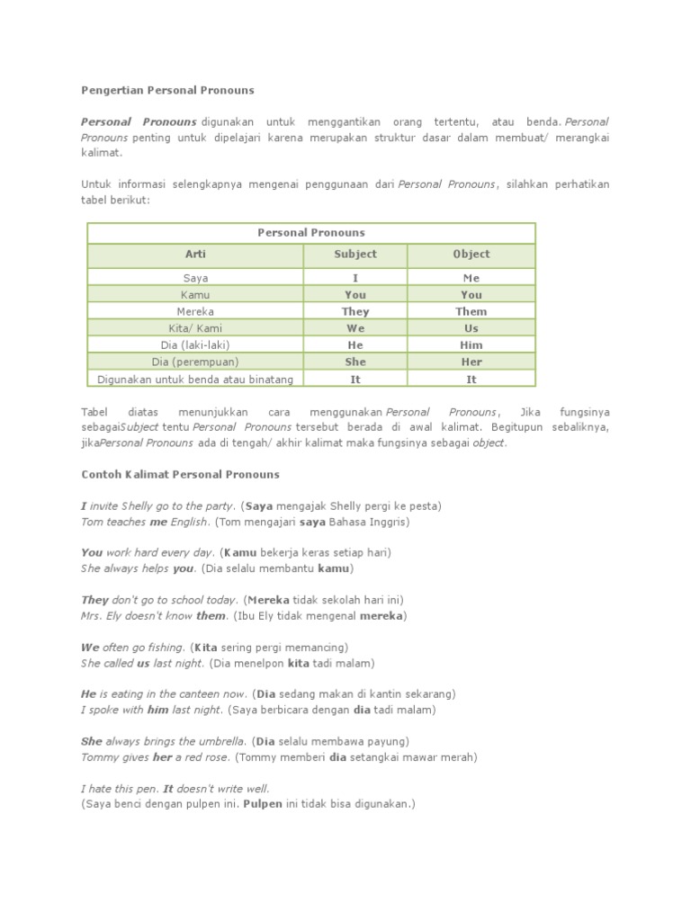 Pengertian dan Contoh Personal Pronouns | PDF | Seni & Disiplin Bahasa