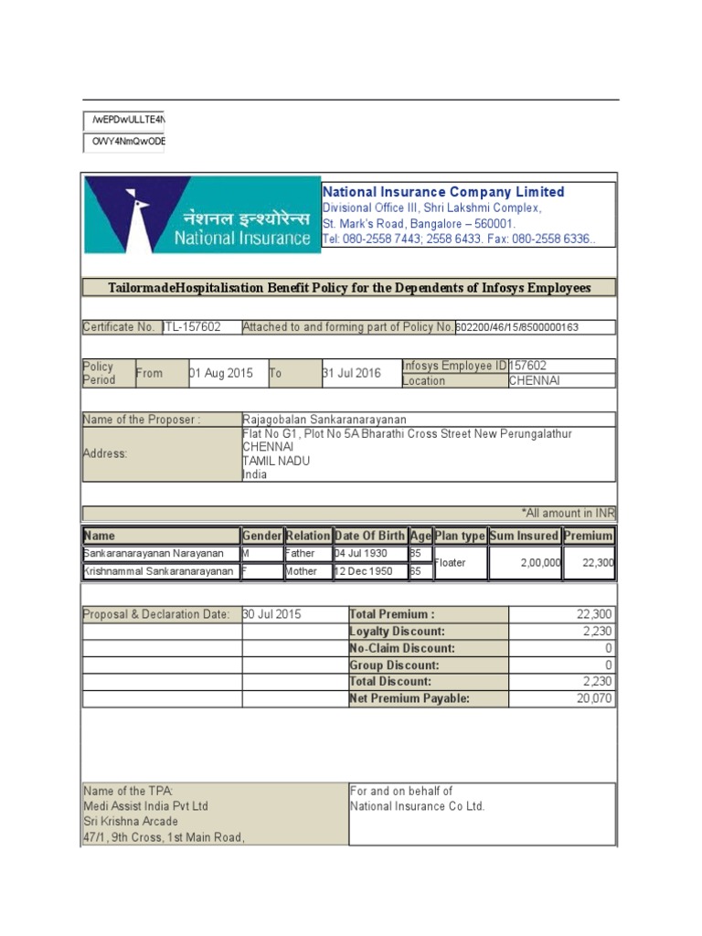 Infosys Employee National Insurance Policy | PDF