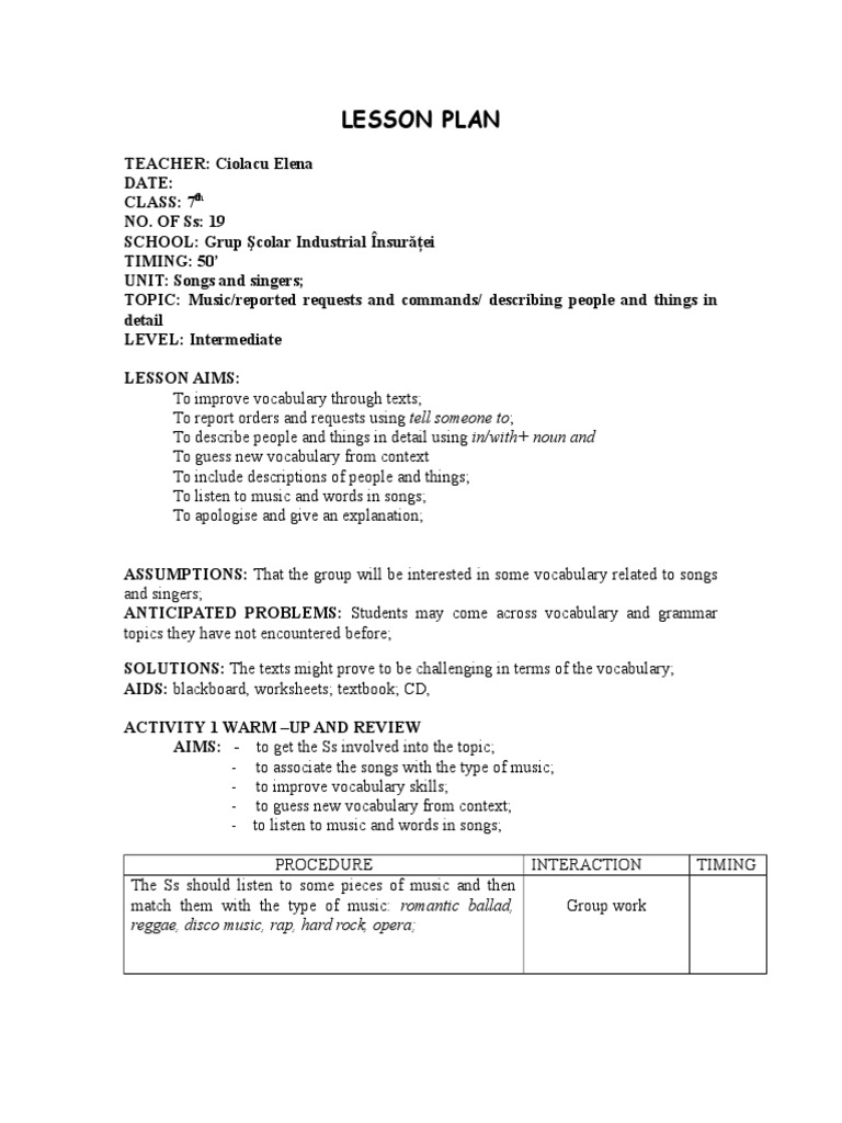 LESSON PLAN Songs and Singers | PDF | Vocabulary | Lesson Plan