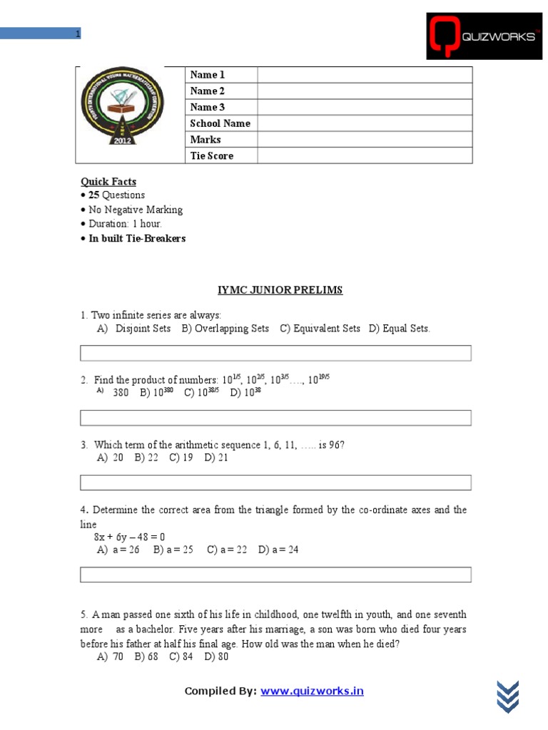 IYMC JUNIOR PRELIMS - New | PDF | Circle | Mathematical Objects