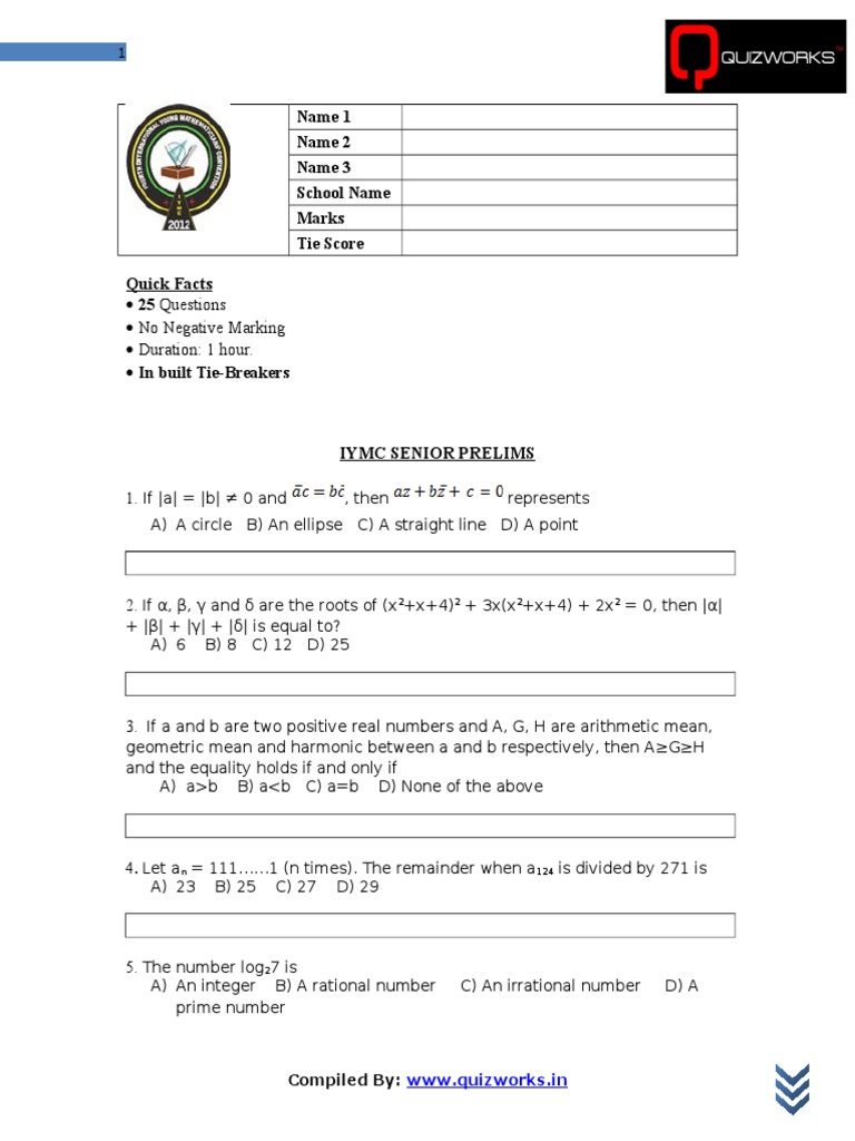 IYMC SENIOR PRELIMS - New | PDF | Triangle | Integer