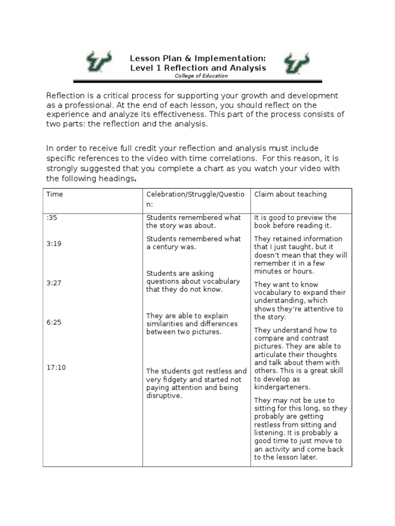 Lesson Plan & Implementation: Level 1 Reflection and Analysis | PDF ...