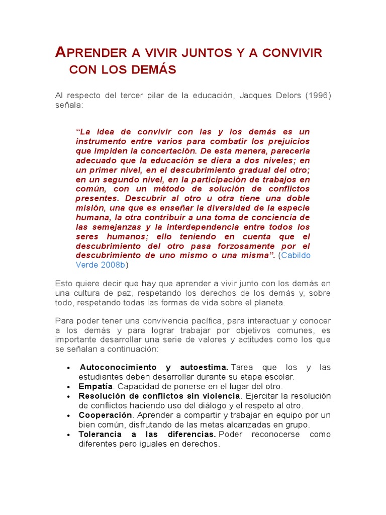 Aprender A Vivir Juntos Y A Convivir Con Los Demás Pdf Paz Tolerancia