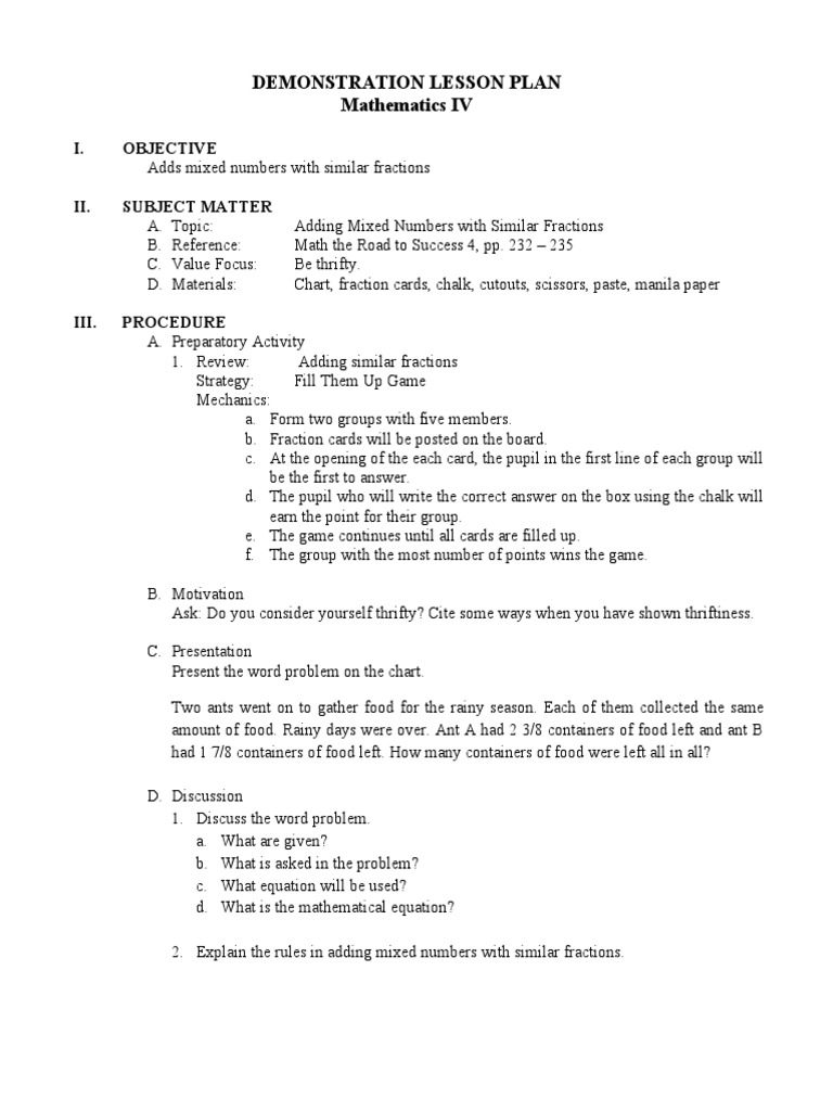 Demonstration Lesson Plan Mathematics IV: I. Objective | PDF | Mathematics