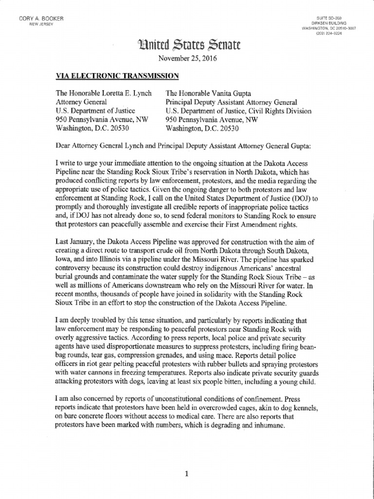 Sen. Cory Booker Letter To DOJ On Standing Rock | PDF