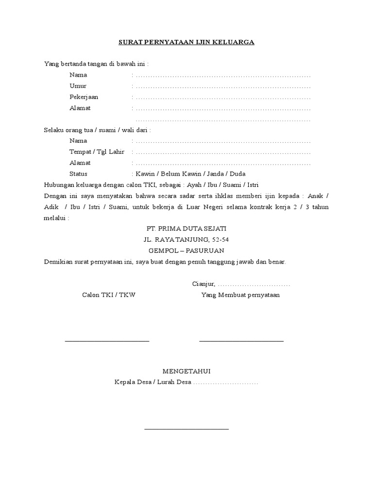 Surat Pernyataan Ijin Keluarga TKW | PDF