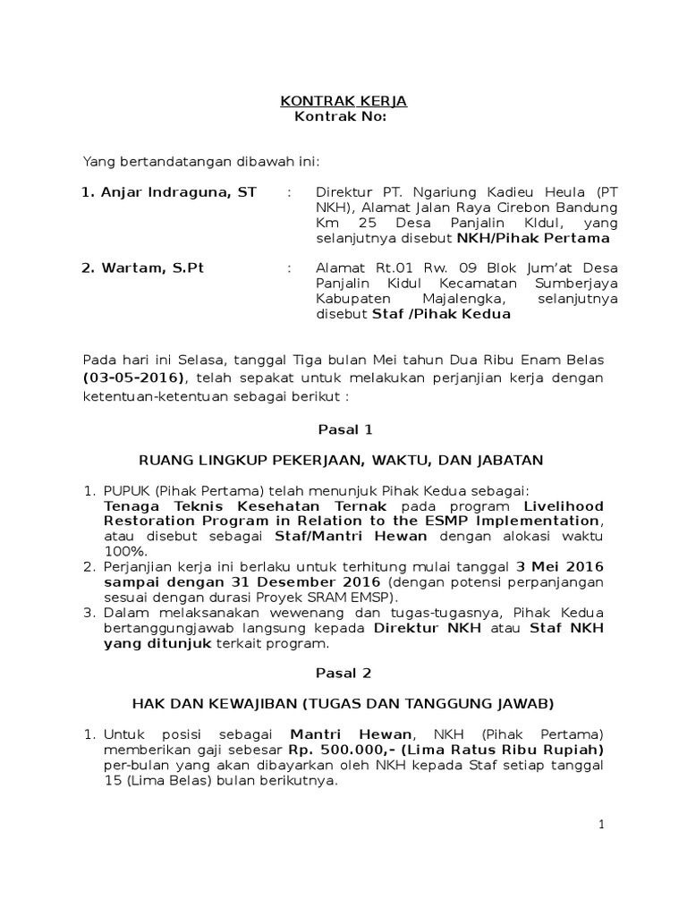 Contoh Draft SPK (Surat Perjanjian Kerja) | PDF