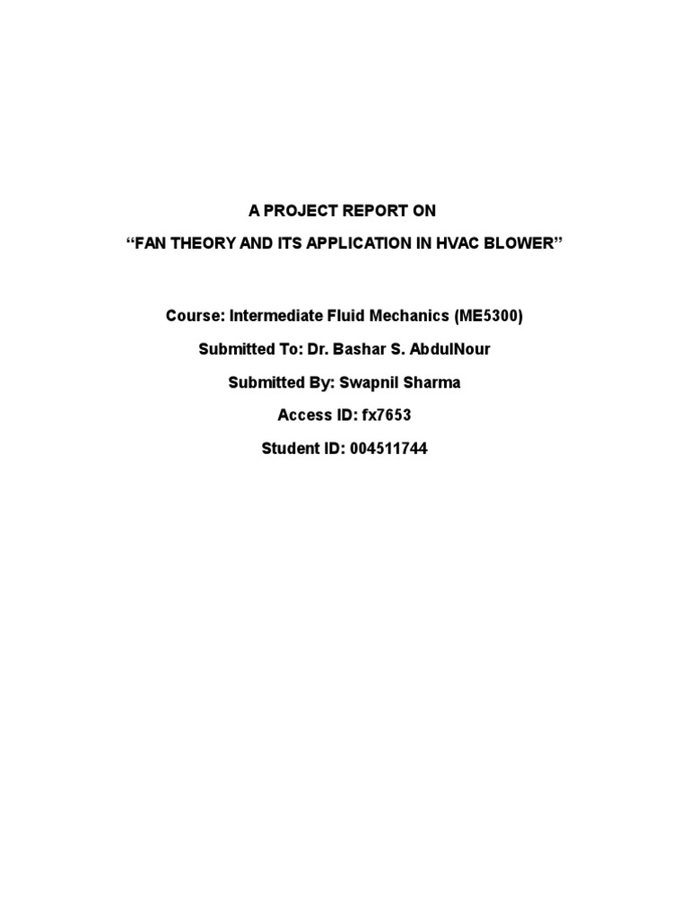 A Project Report On "Fan Theory and Its Application in Hvac Blower" | PDF