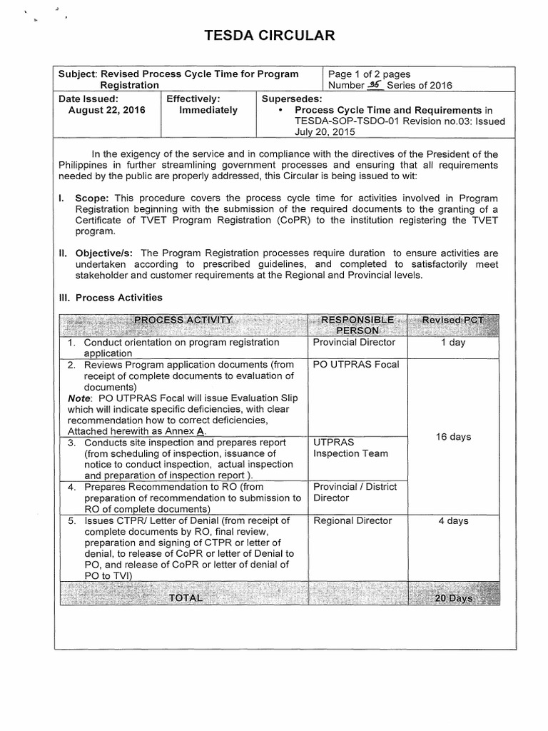 Tesda Circular s.2016 Re Revised Process Cycle Time and Requirements ...