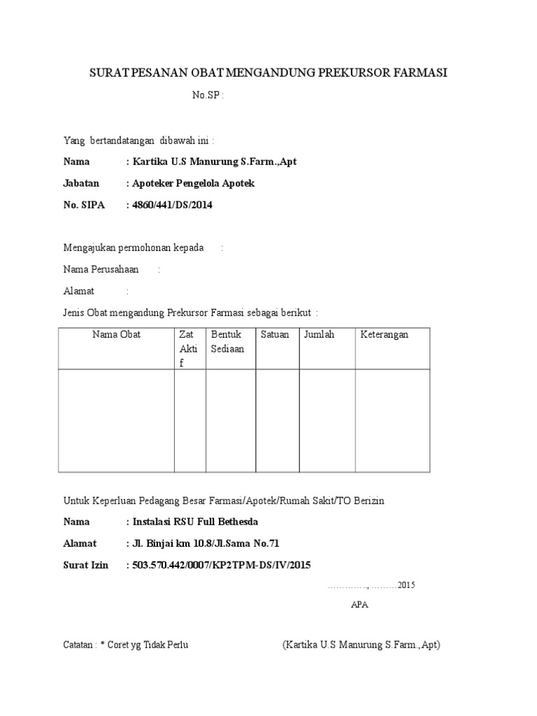 SURAT PESANAN OBAT Psikotropika,SP Prekursor,SP Biasa