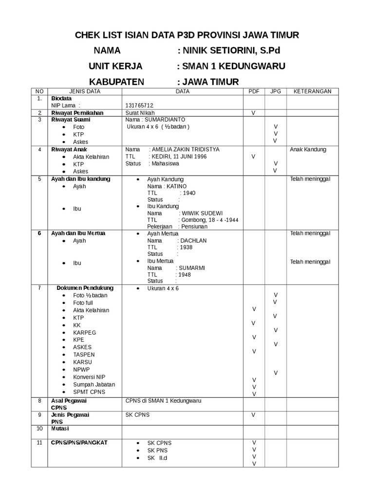 Chek List Isian Data p3d Provinsi Jawa Timur | PDF