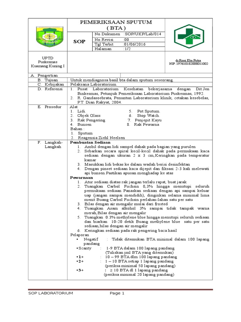 Sop Sputum (Bta) | PDF