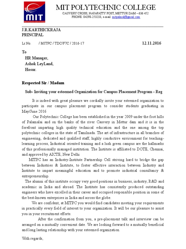 Letter of Invitation For Campaus Placement Program 2016