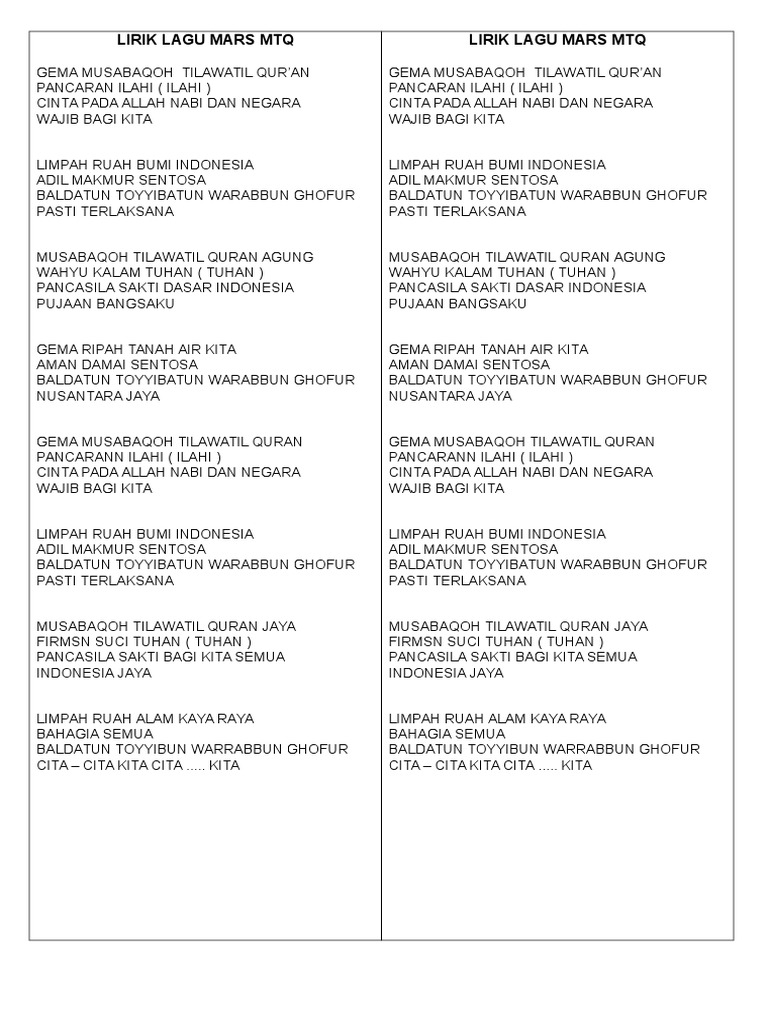 Lirik Lagu Mars MTQ | PDF | Kajian Bahasa Asing | Seni