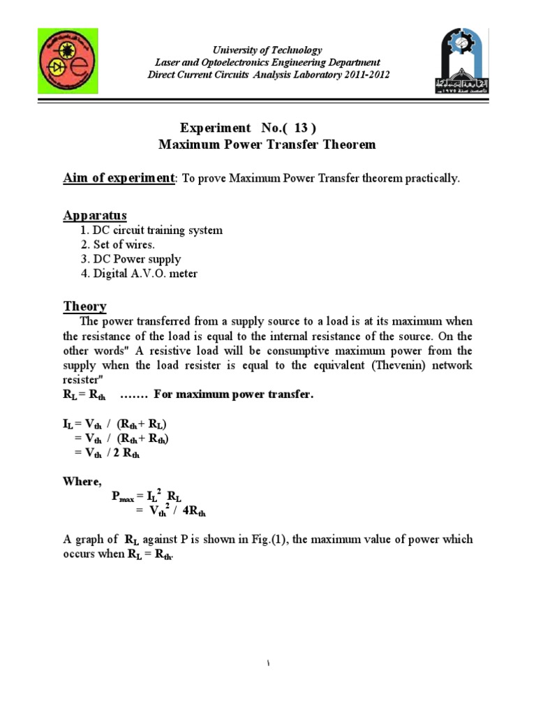 Maximum Power Transfer Theorem | PDF