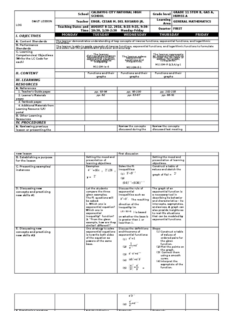 General Mathematics Daily Lesson Log | PDF | Logarithm | Exponential ...
