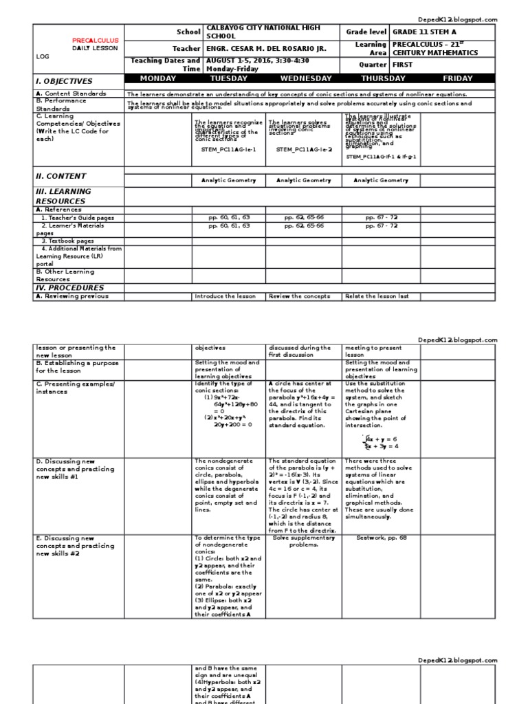 Precalculus Lesson Plan: Conic Sections | PDF | Algebraic Geometry ...