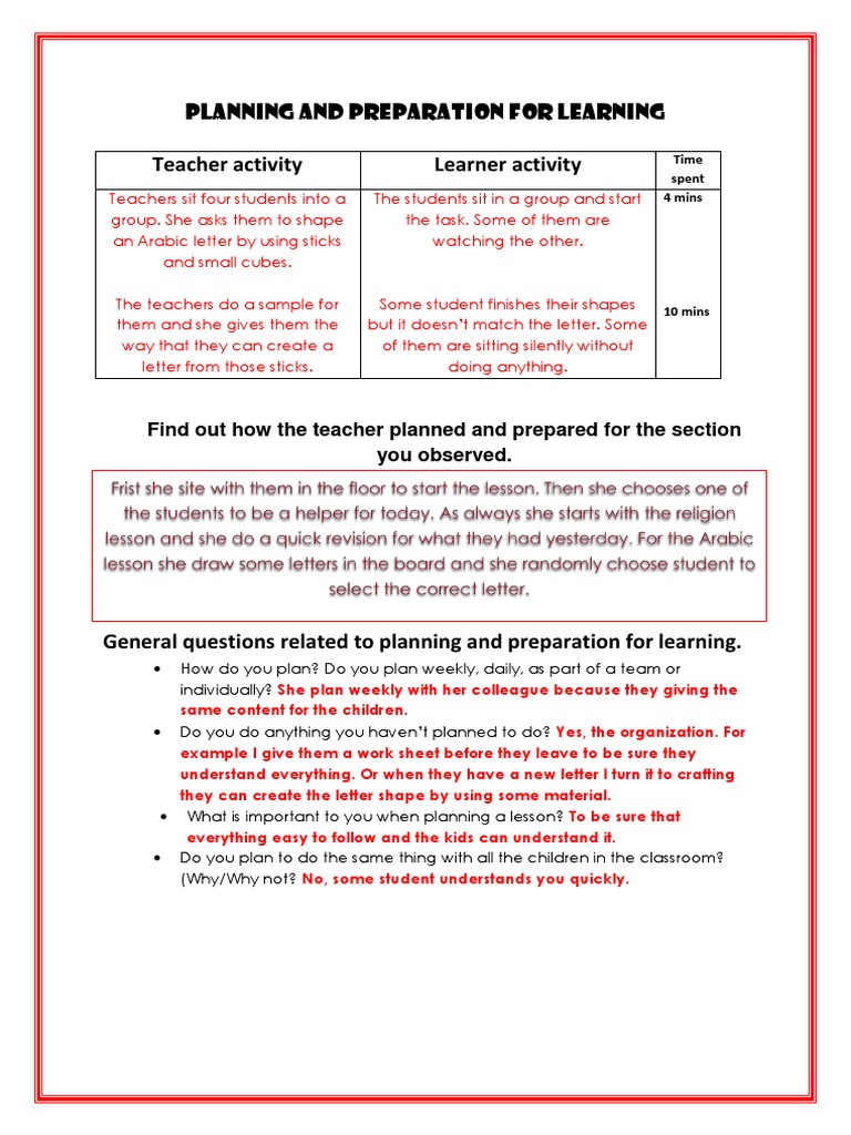 Teacher Activity Learner Activity: Planning and Preparation For ...