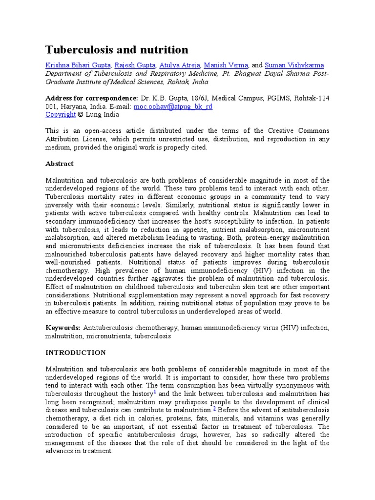 Tuberculosis and Nutrition | PDF | Tuberculosis | Malnutrition