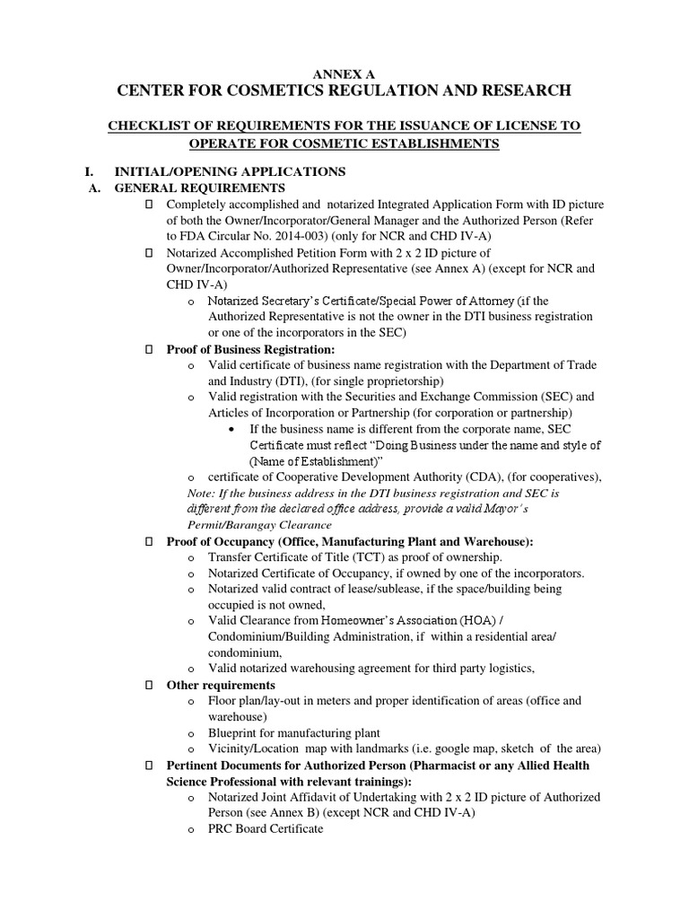 Checklist of Requirements For Cosmetic Establishments | PDF | Notary ...