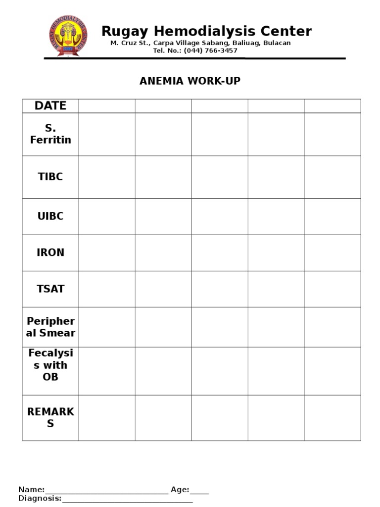 Anemia Work - Up Sheet | PDF