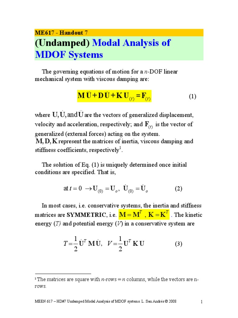 HD 7 Modal Analysis Undamped MDOF | Download Free PDF | Eigenvalues And Eigenvectors | Normal Mode
