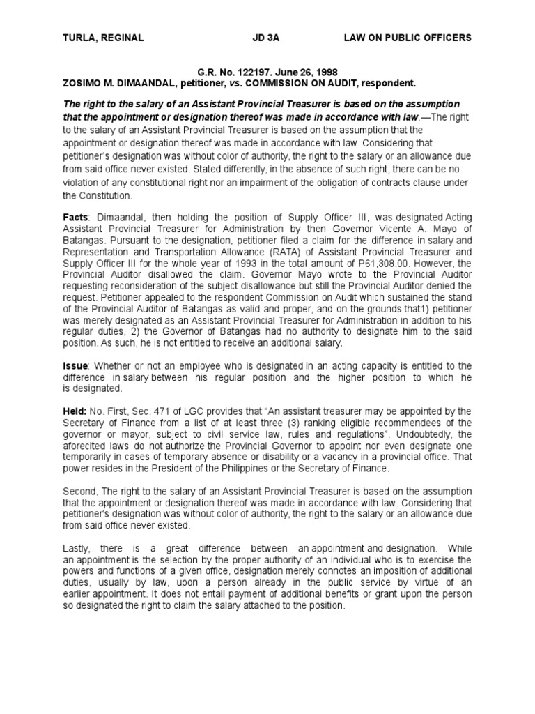 Dimaandal Vs COA Digest | PDF | Governor | Salary