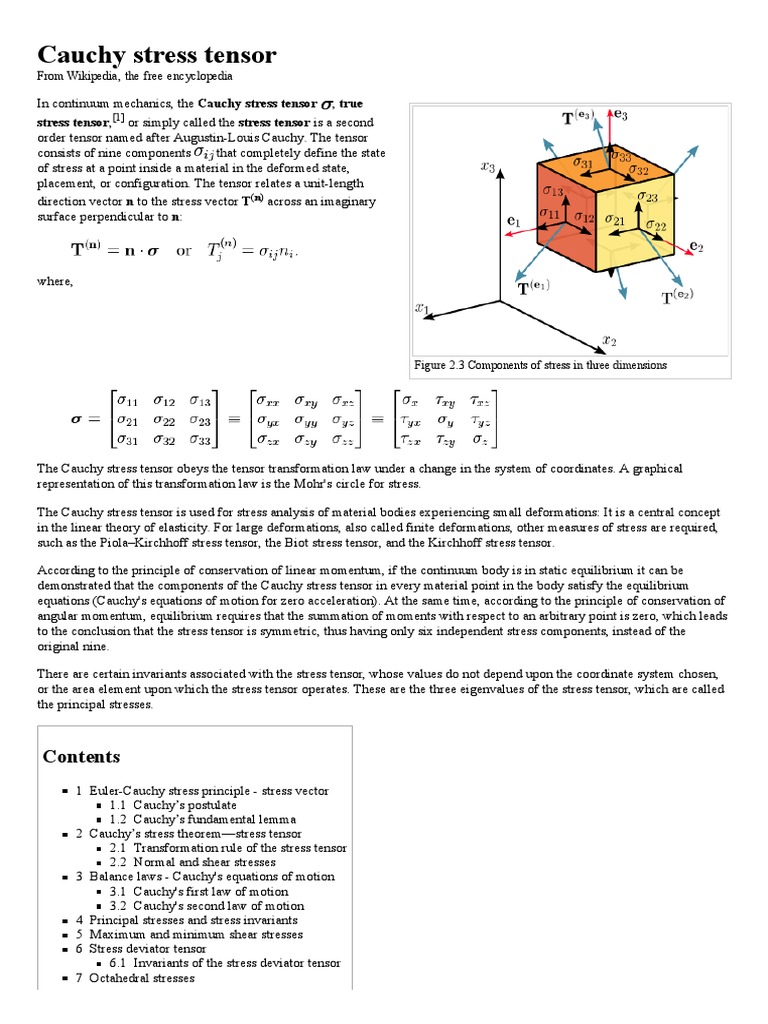 Cauchy Stress Tensor | PDF | Stress (Mechanics) | Tensor