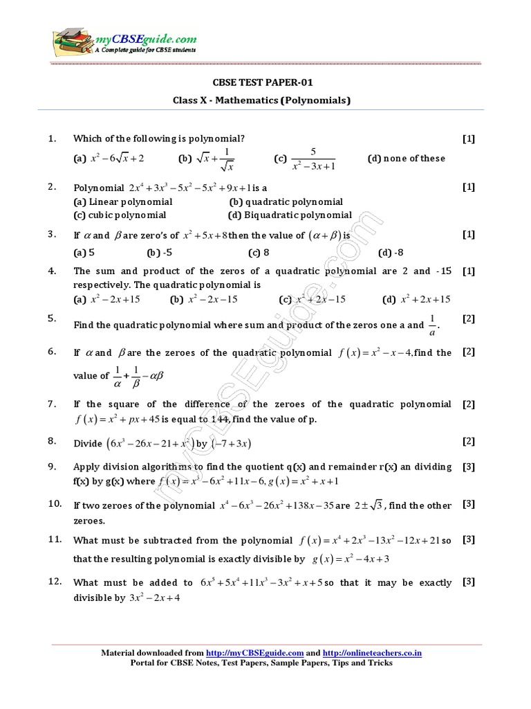 10 Mathematics Polynomials Test 01 | PDF | Teaching Methods & Materials