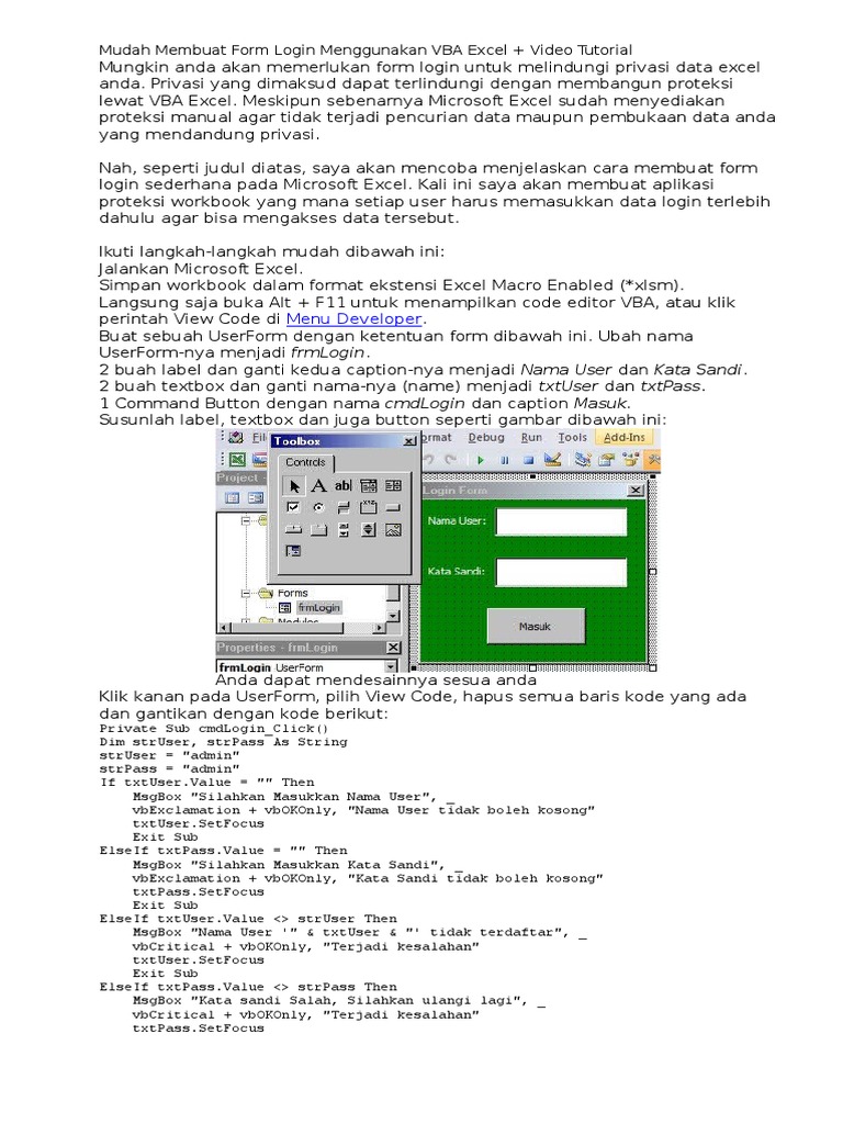 Mudah Membuat Form Login Menggunakan VBA Excel | PDF