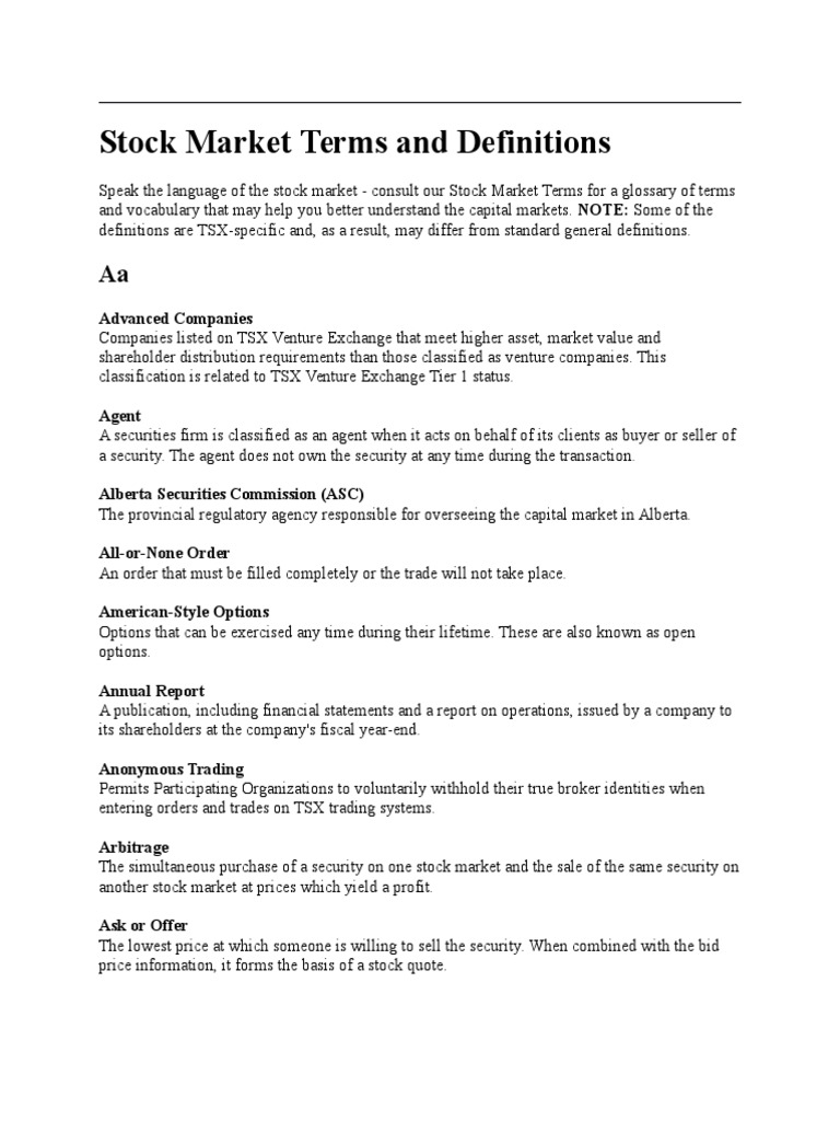 Stock Market Terms and Definitions Guide | PDF | Securities (Finance ...