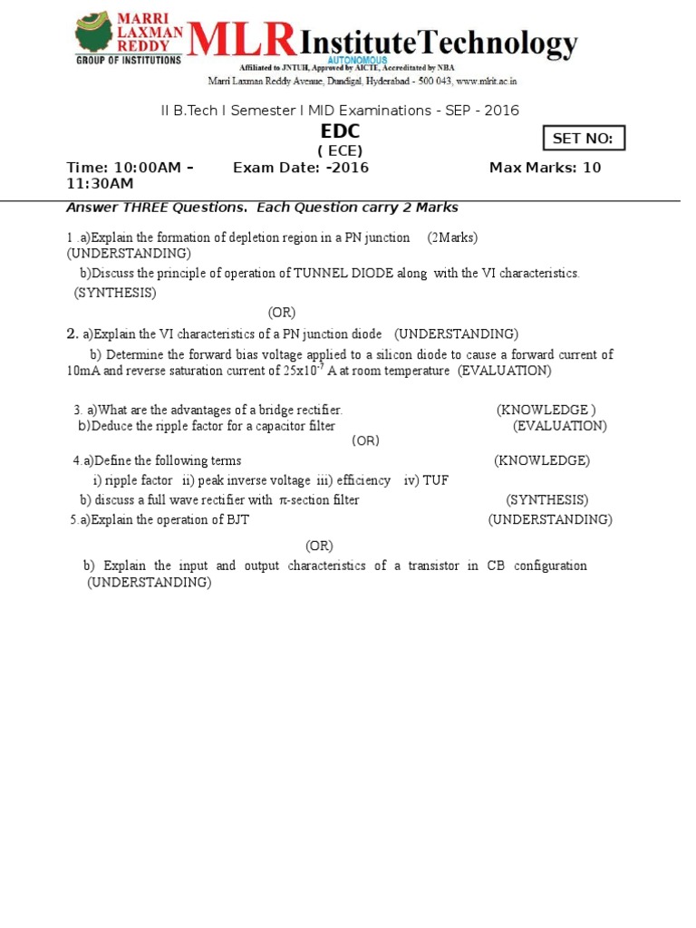 Edc Mid I Question Paper | PDF | Rectifier | Diode