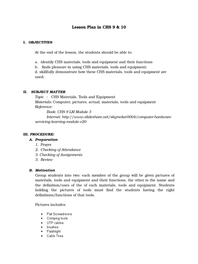 Lesson Plan in CHS 9 Handtools | PDF