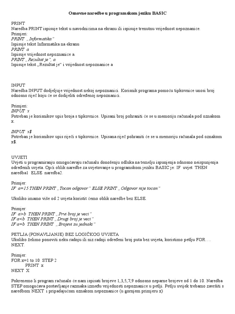 Osnovne Naredbe U Programskom Jeziku BASIC | PDF