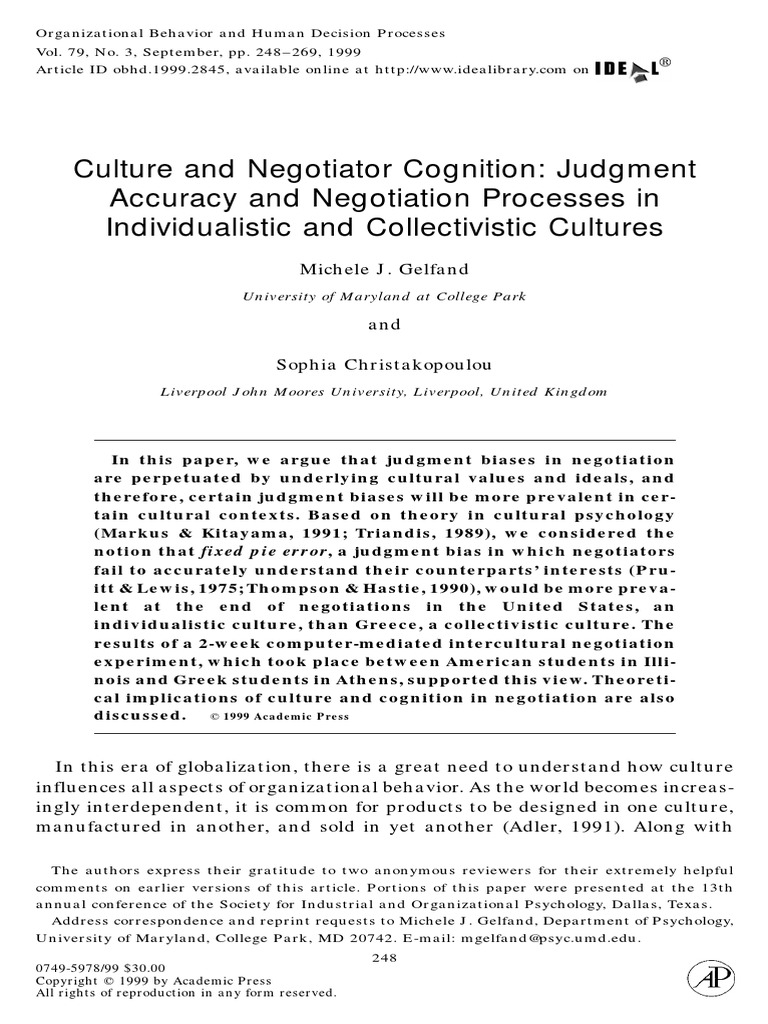 Culture and Negotiator Cognition - Judgment Accuracy and Negotiation Processes in ...