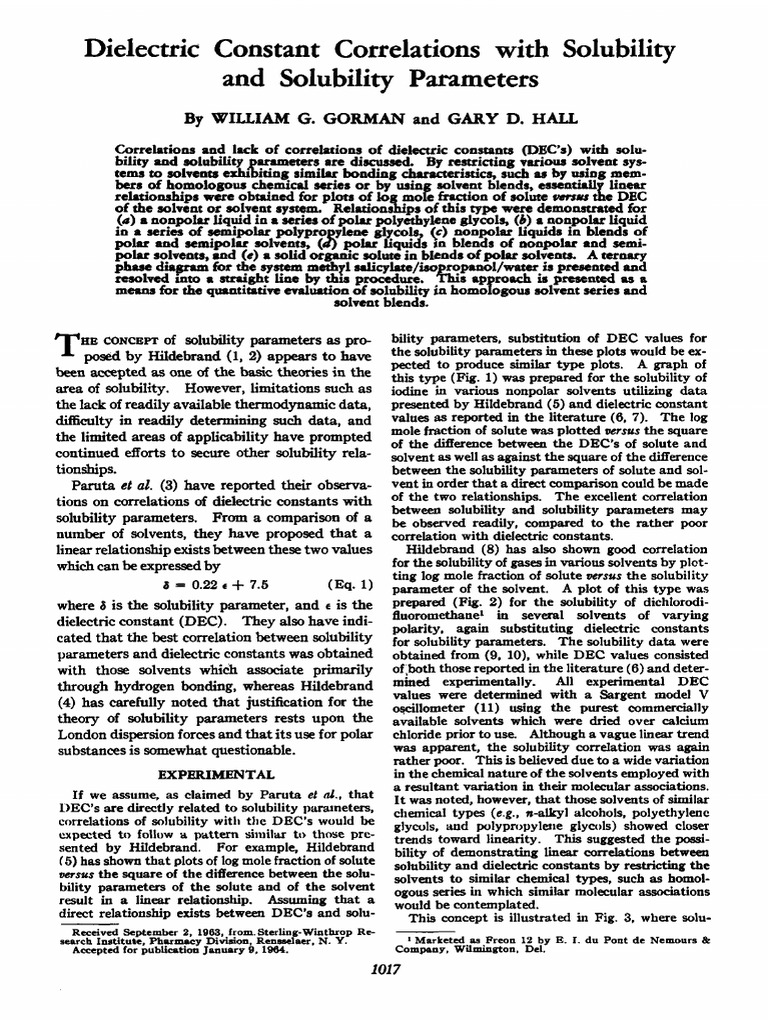 Dielectric Constant Correlations With Solubility And Solubility Parameters Download Free Pdf