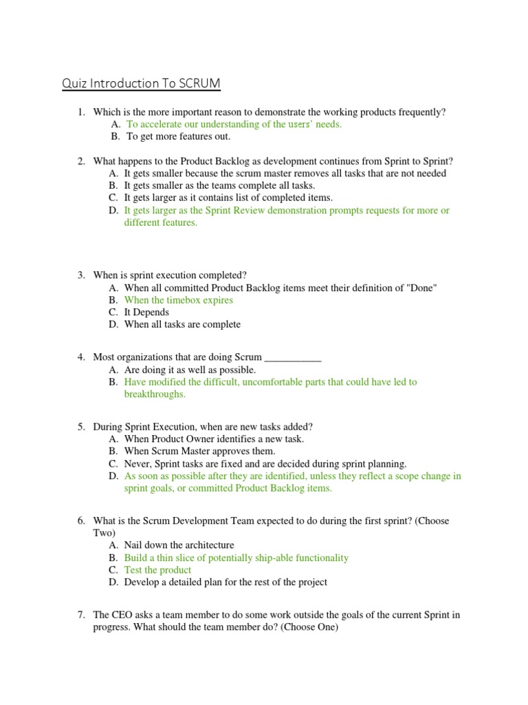 Quiz Introduction To SCRUM | PDF | Scrum (Software Development) | Cognition