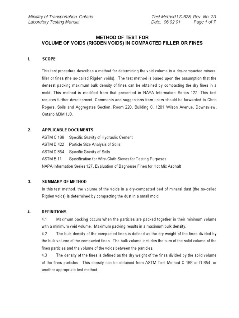 Rigden Voids Test Method LS-628 | PDF | Density | Filtration