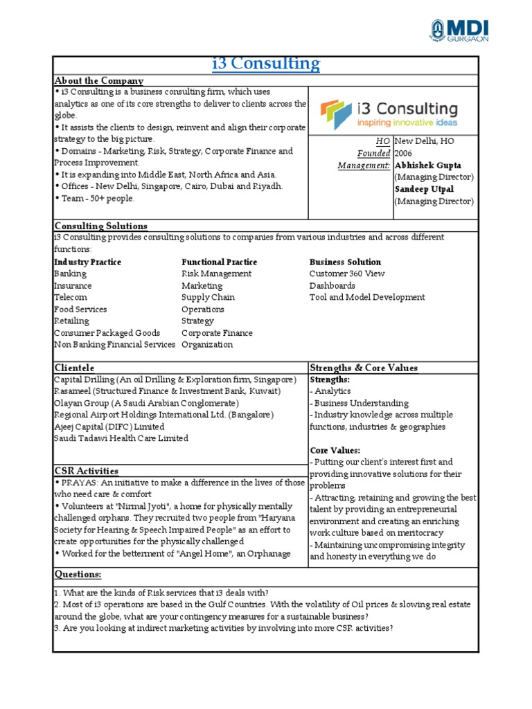 I3 Consulting CheatSheet | PDF