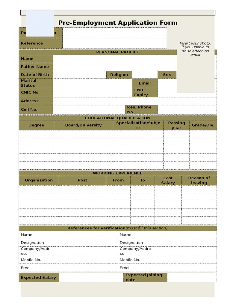 Pre-Employment Application Form: Insert Your Photo, If You Unable To Do ...