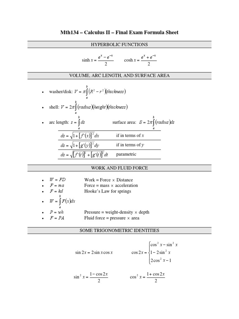 Mth134 - Calculus II - Final Exam Formula Sheet: e e X e e X | PDF