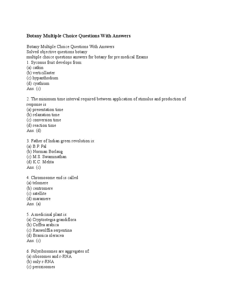 Botany Multiple Choice Questions With Answers | PDF | Plant Hormone ...