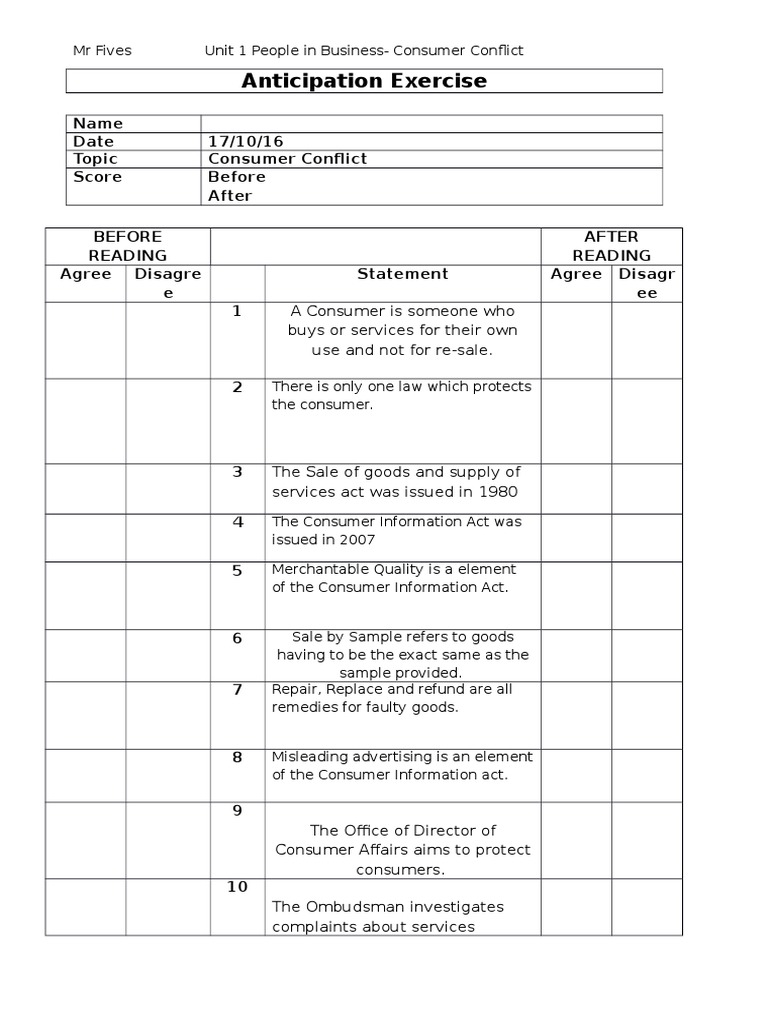 Consumer Conflict - Anticipation Exercise | PDF